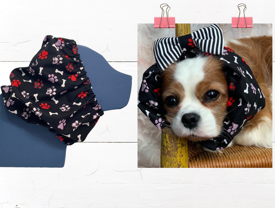 Adjustable Dog Snood RED PAW PRINT to Protect Ears While Eating/walking ...