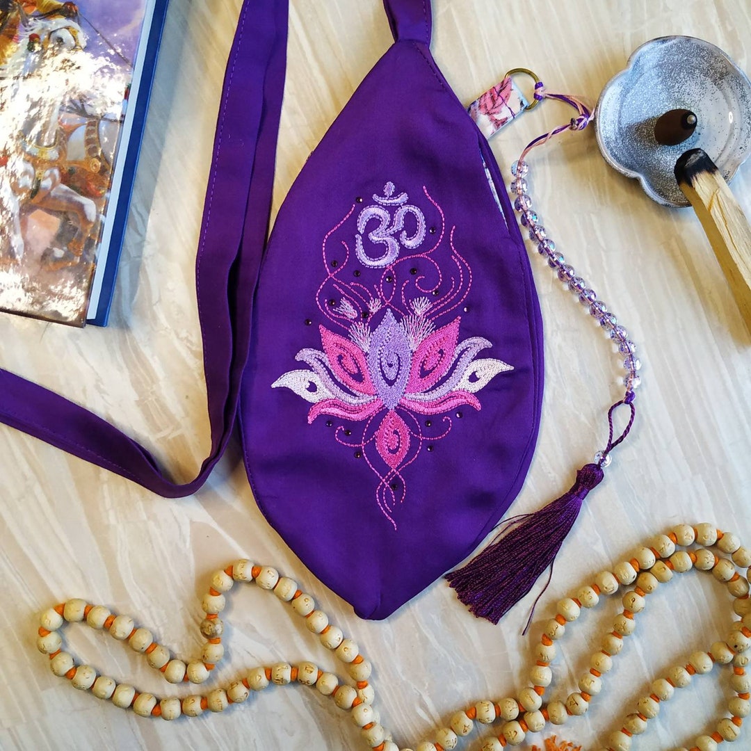 Purple Japa Mala Beads Bag With Counter. Prayer Bag. Embroidered Lotus ...