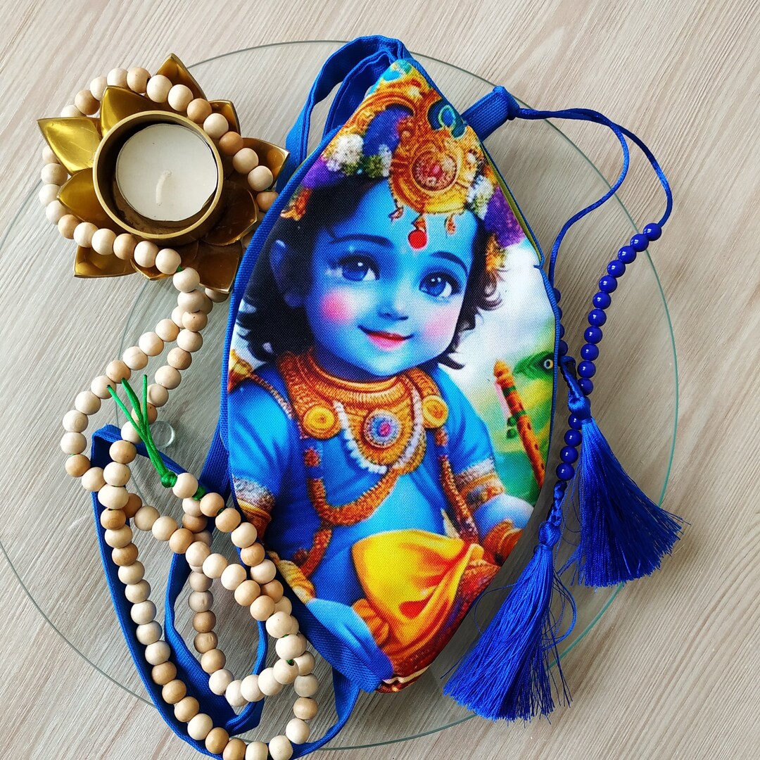 Little Krishna Print and Peacock Feather Embroidered Japa Mala Beads ...