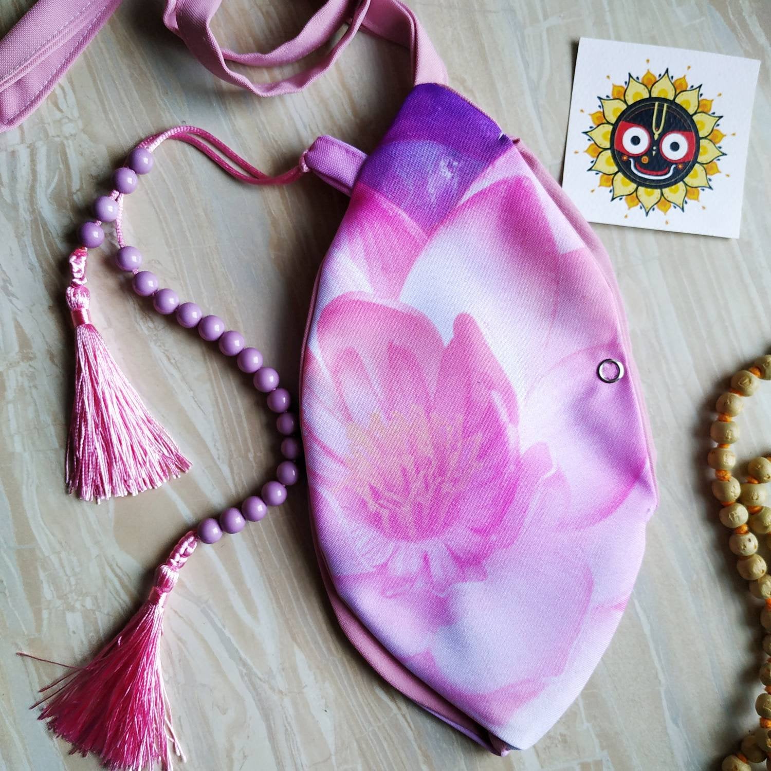 Pink Lotus and Sat.chit.ananda Printed Japa Mala Beads Bag. Prayer Bag. Meditation Bag. Bag for ...