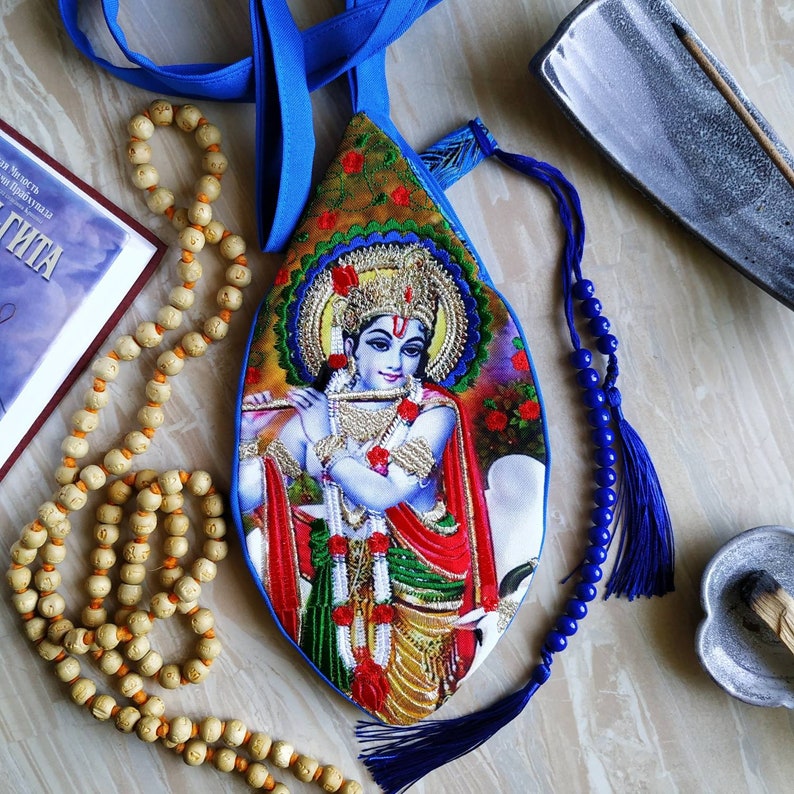 Krishna and Peacock Feather Embroidered Japa Mala Beads Bag. Prayer Bag ...