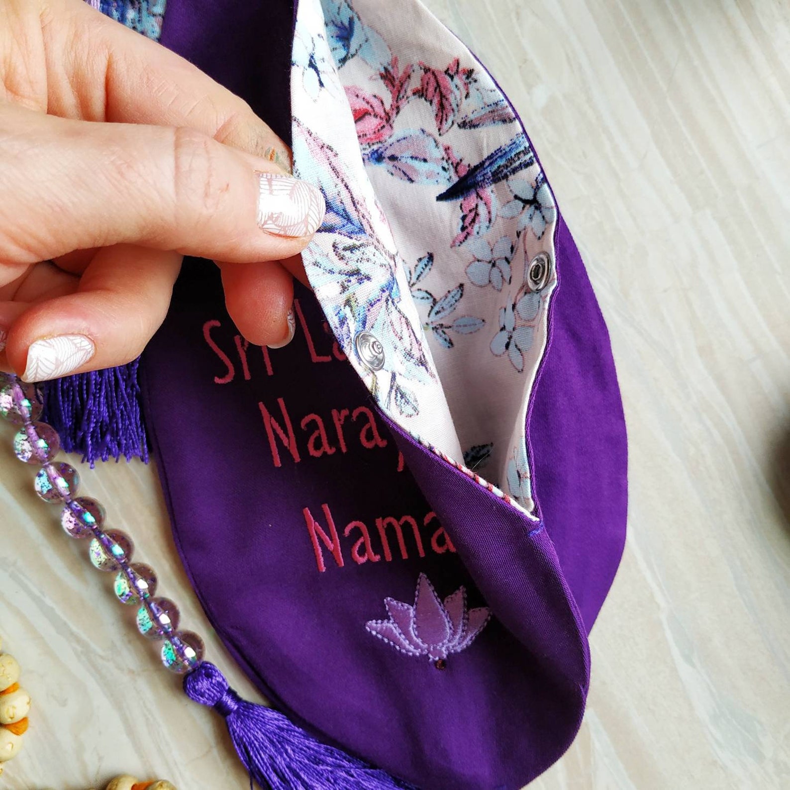 Purple Japa Mala Beads Bag With Counter. Prayer Bag. Embroidered Lotus ...