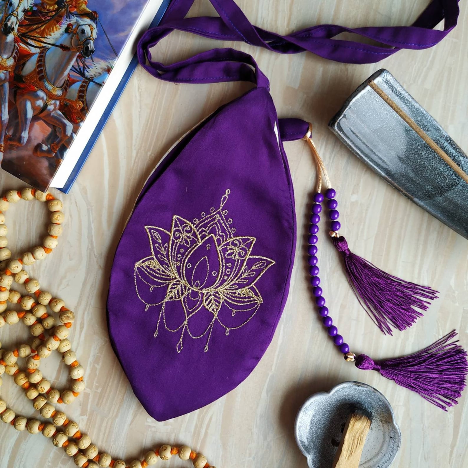 Purple Japa Mala Beads Bag With Counter. Prayer Bag. Embroidered Golden ...