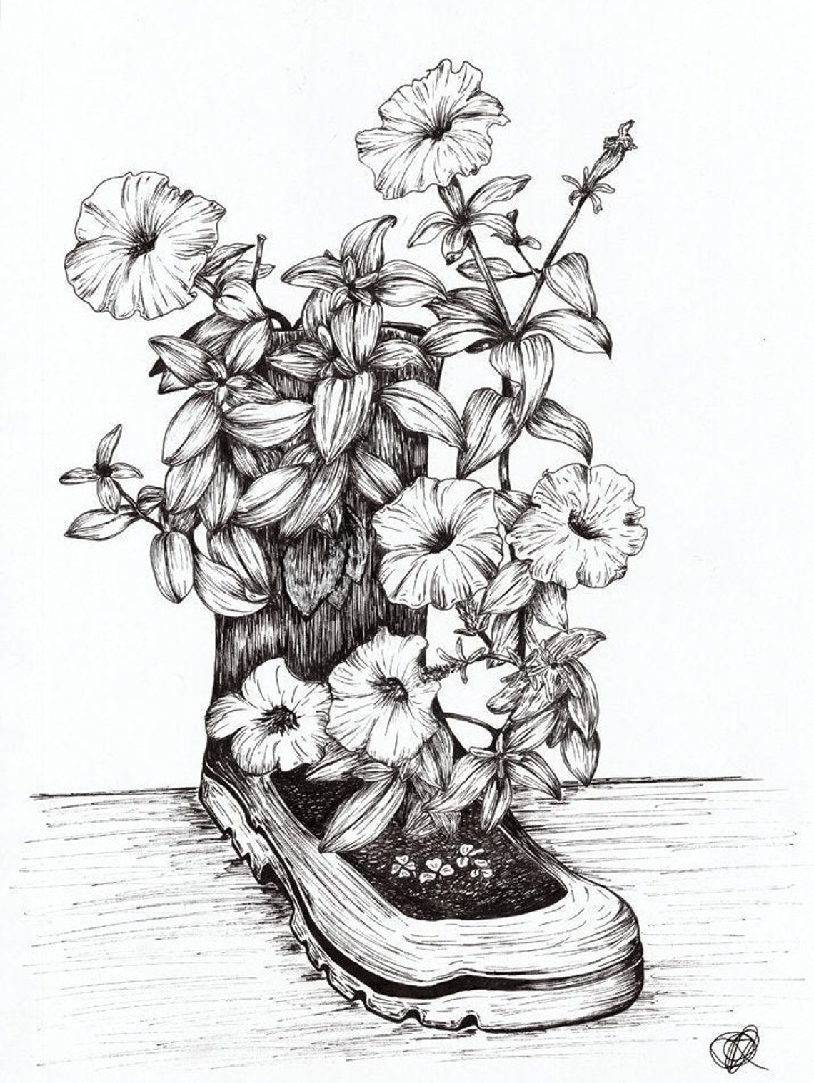 Flowers in a Gumboot, Hand Drawn, Digital Download, Printable Art ...