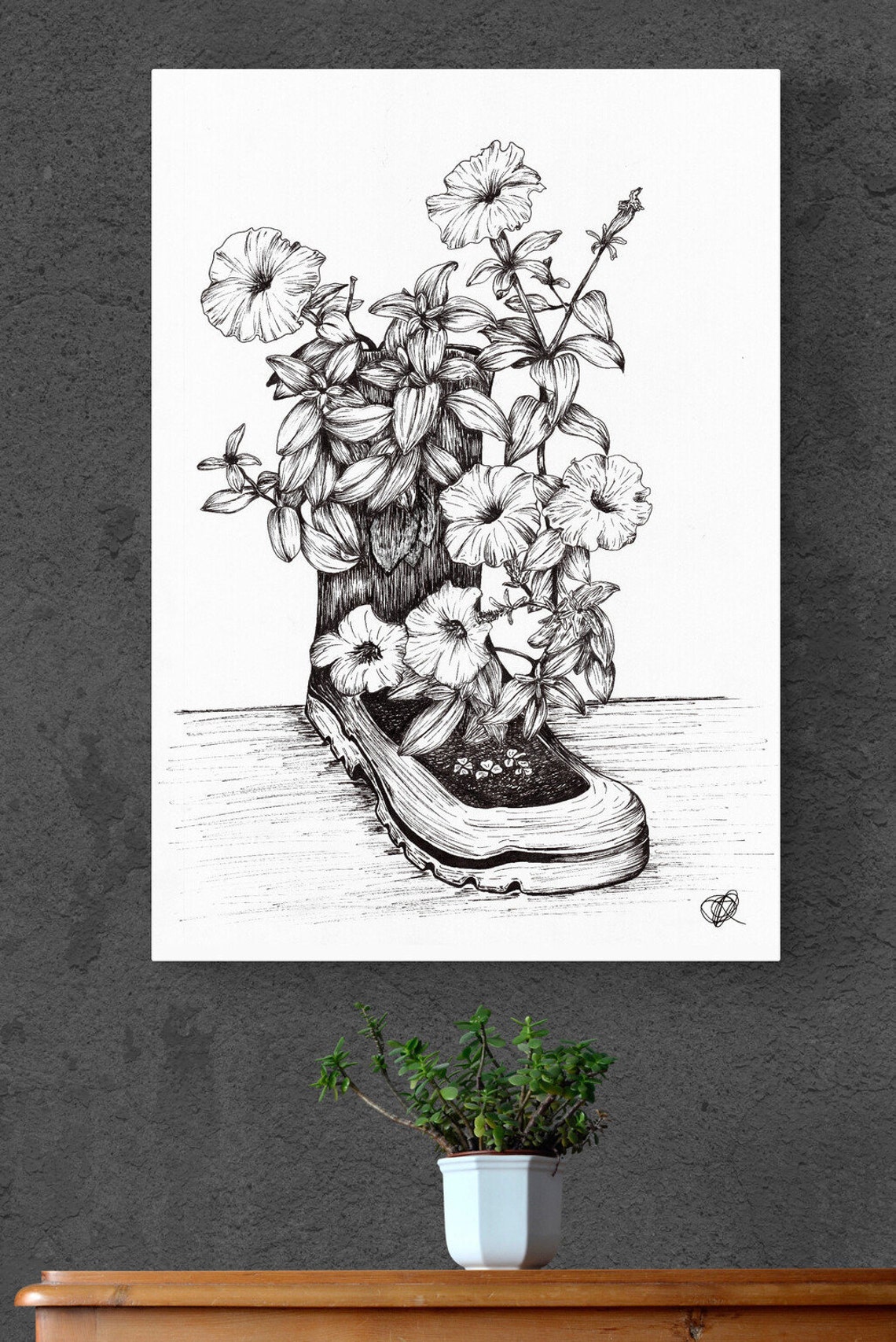Flowers in a Gumboot, Hand Drawn, Digital Download, Printable Art ...