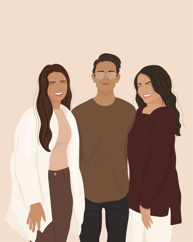 Custom 3 Person Digital Illustration Portrait Personalized Gift Gift ...