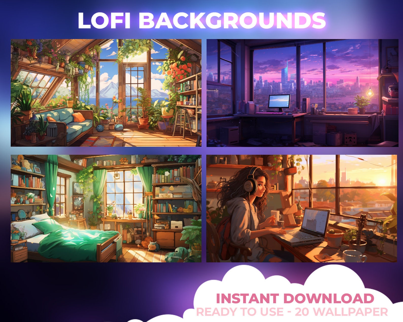 Cozy Lofi Anime Streamer and Desktop Wallpaper Pack - 20 Backgrounds ...