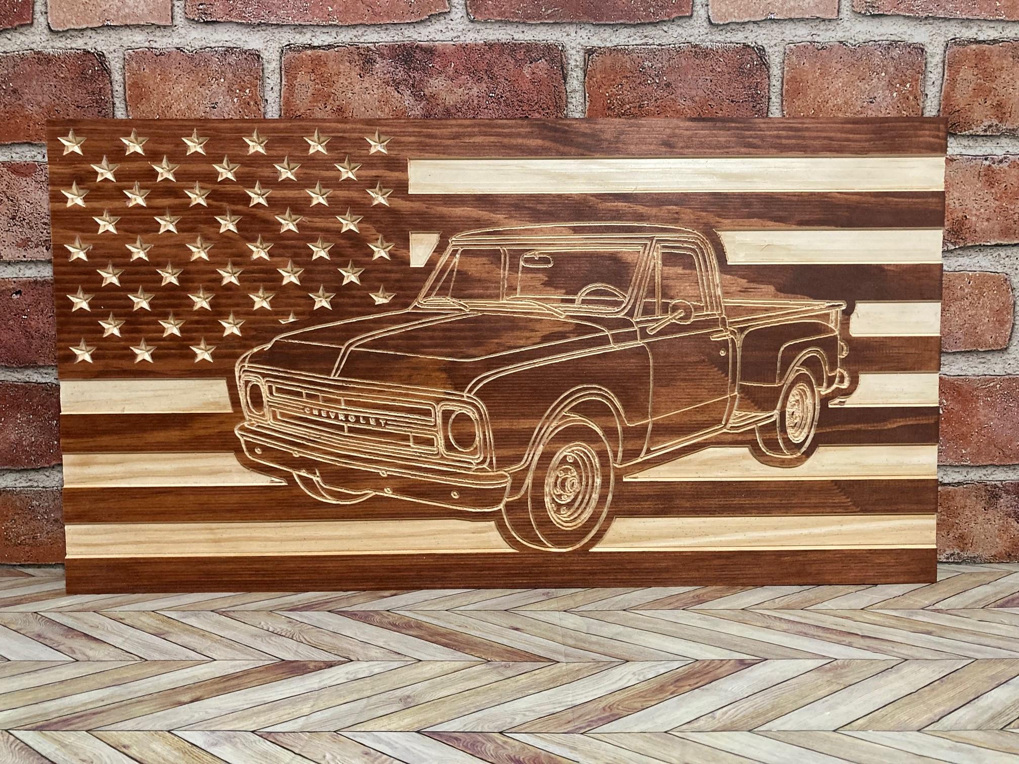 1967-1972 Chevy C10 Wood Sign: American Flag Garage Decor, Carved Pine ...