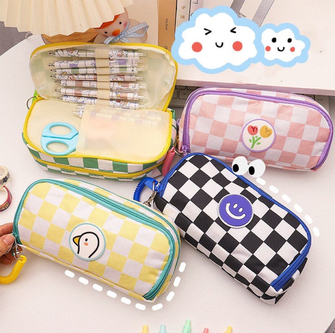 Cute Minimalism Checkerboard Pattern Pen Case, Large Capacity Pen Pouch ...