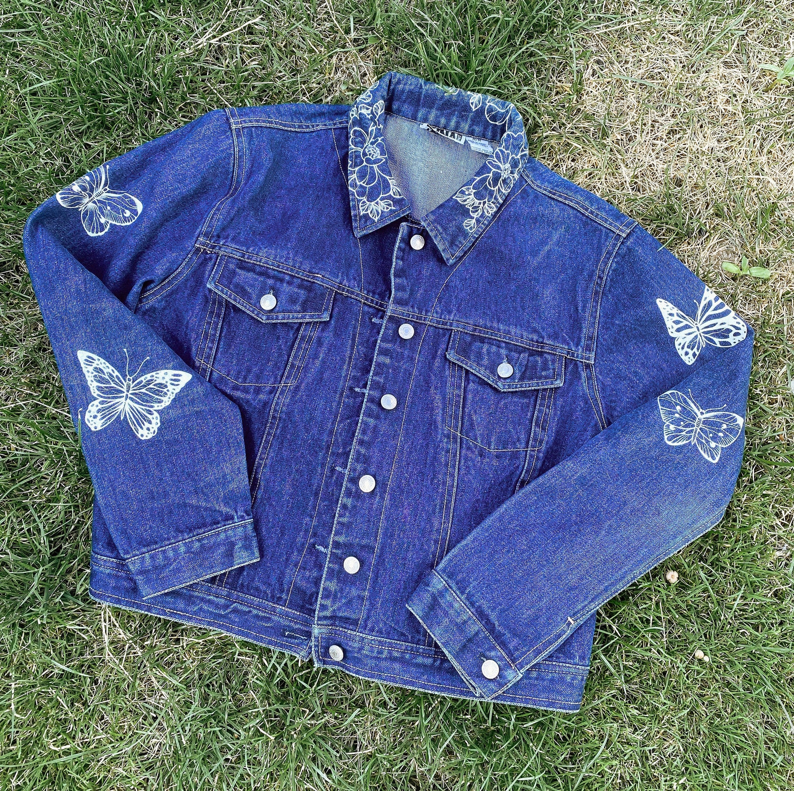 Blue Jean Denim Jacket With Hand Painted Butterflies and Peonies — Hand ...