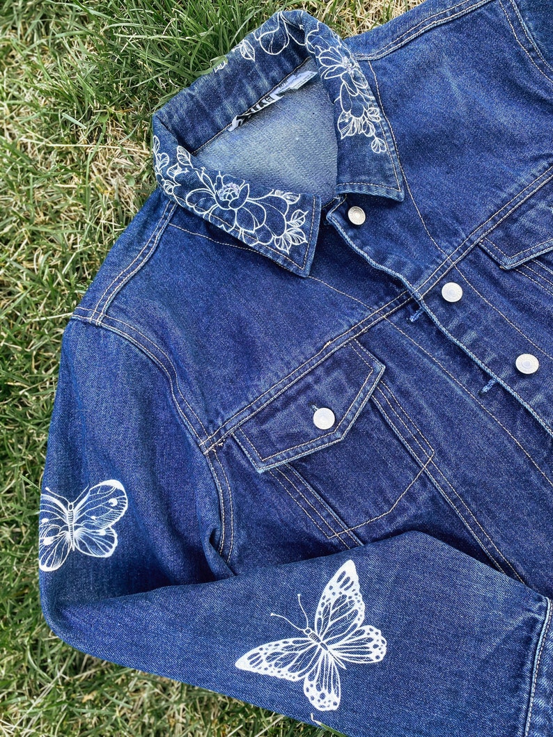 Blue Jean Denim Jacket With Hand Painted Butterflies and Peonies — Hand ...