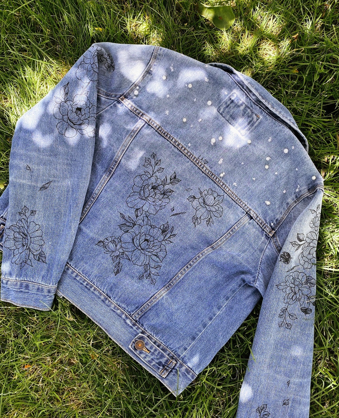 Distressed Light Denim Jacket With Hand Painted Peonies and Hand Sewn ...