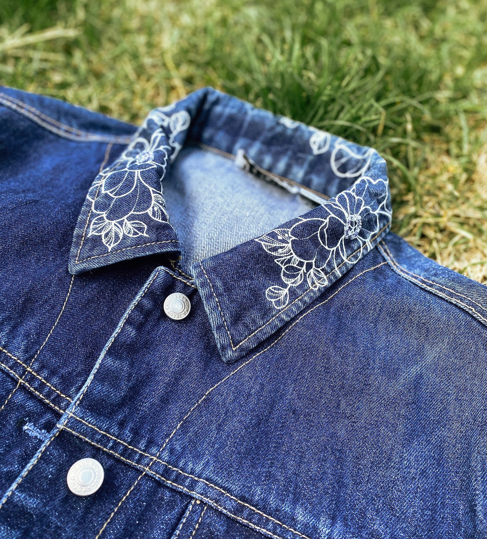 Blue Jean Denim Jacket With Hand Painted Butterflies and Peonies — Hand ...