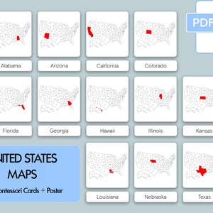 50 UNITED STATES Maps, 150 Montessori Cards & 4 Posters, Three Part ...