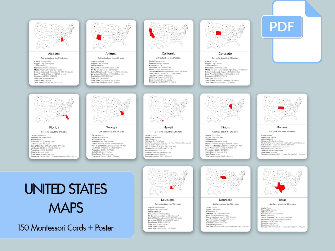 50 UNITED STATES Maps, 150 Montessori Cards & 4 Posters, Three Part ...
