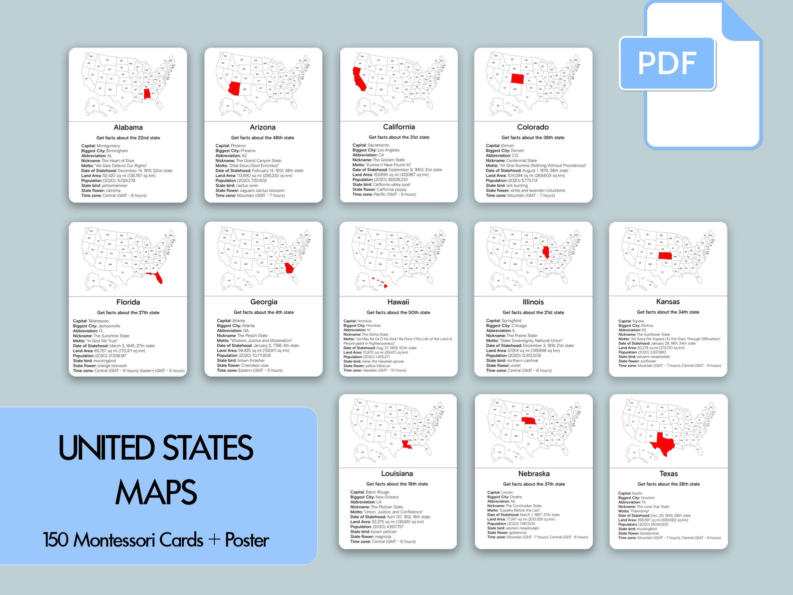 50 UNITED STATES Maps, 150 Montessori Cards & 4 Posters, Three Part ...