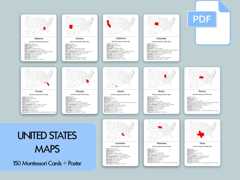 50 UNITED STATES Maps, 150 Montessori Cards & 4 Posters, Three Part ...