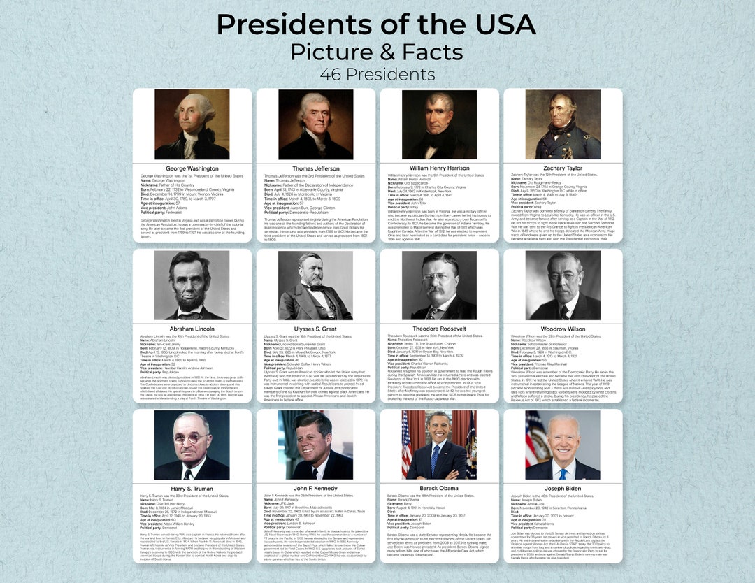 PRESIDENTS of the USA, 46 Presidents, 138 Montessori Cards, Facts ...