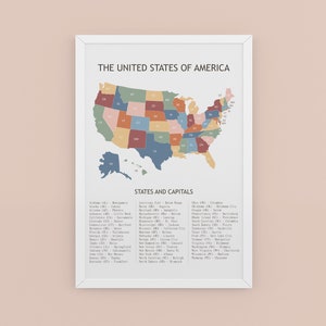 United States Map Print, US Map Capitals Wall Art, US Map Poster, USA ...