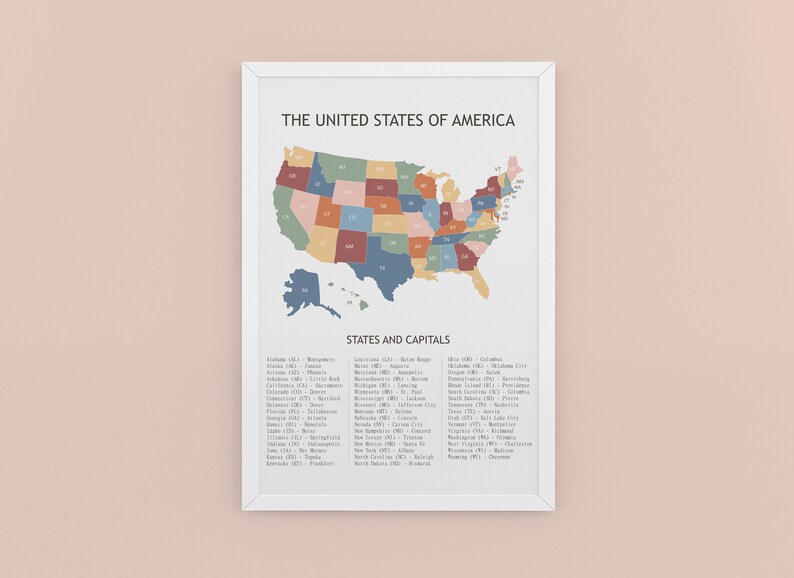 United States Map Print, US Map Capitals Wall Art, US Map Poster, USA ...