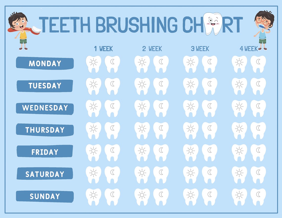 Monthly Brushing Checklist, Toothbrush Schedule, Kids Routine ...