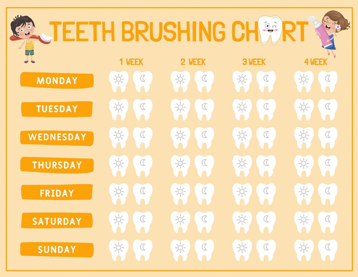 Monthly Brushing Checklist, Toothbrush Schedule, Kids Routine ...