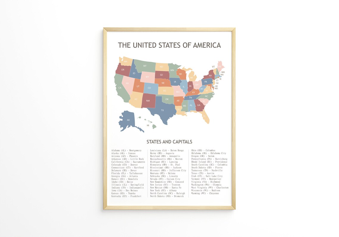United States Map Print, US Map Capitals Wall Art, US Map Poster, USA ...