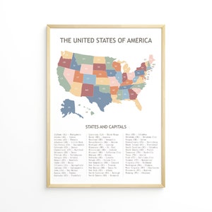 United States Map Print, US Map Capitals Wall Art, US Map Poster, USA ...