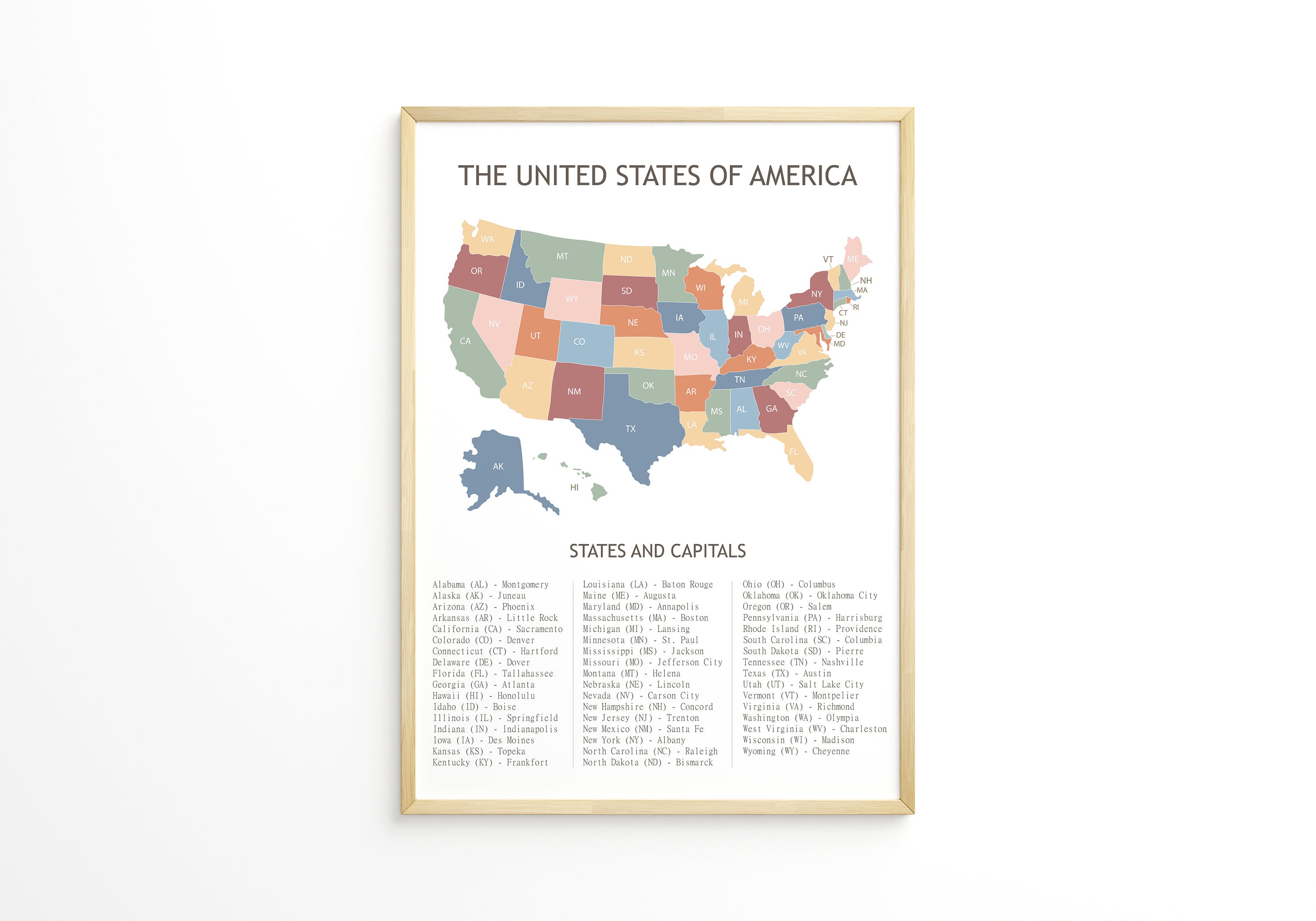United States Map Print, US Map Capitals Wall Art, US Map Poster, USA ...