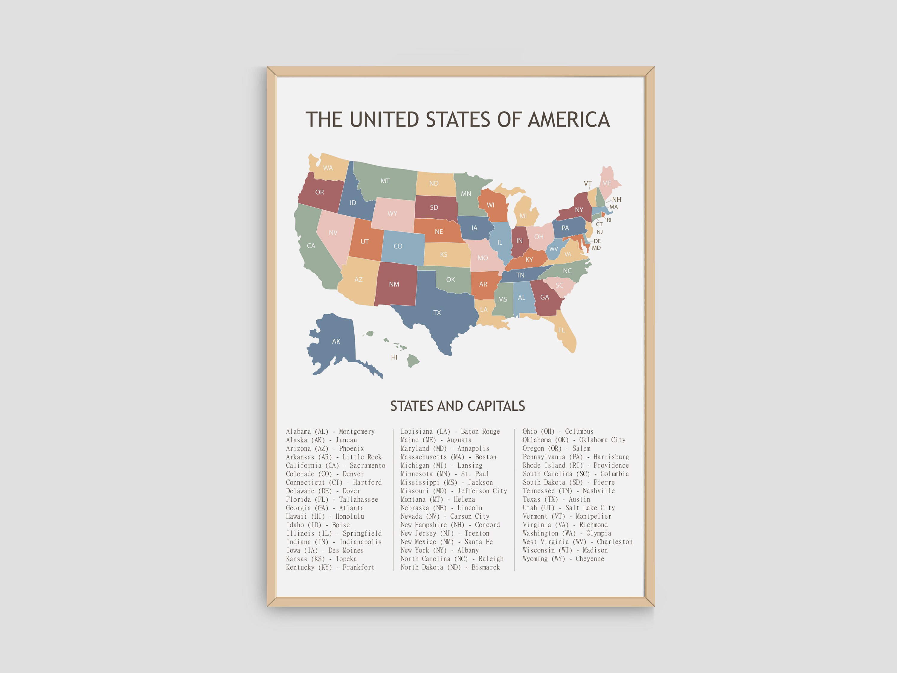 United States Map Print, US Map Capitals Wall Art, US Map Poster, USA ...