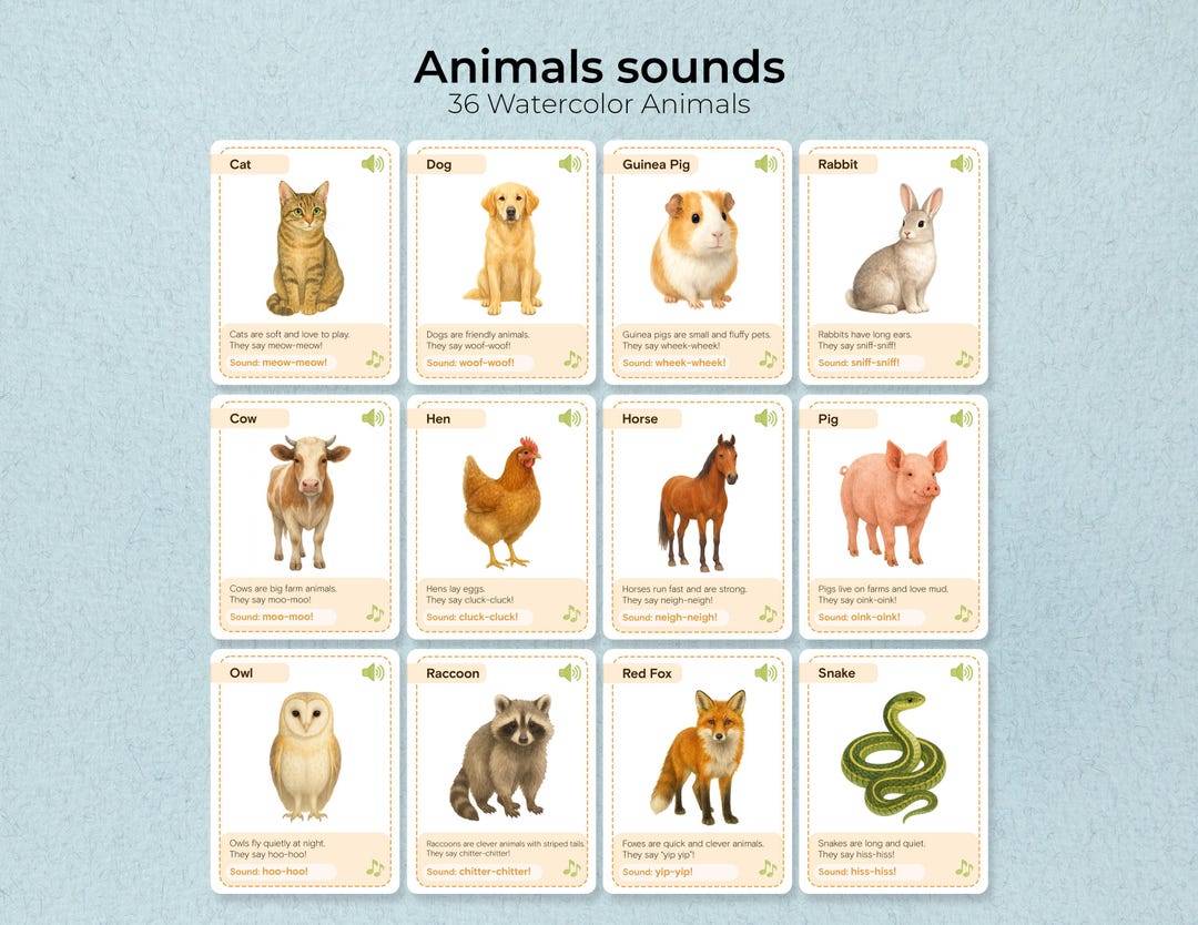 Watercolor Animal Sounds Flashcards, Preschool Learning (PDF Download ...