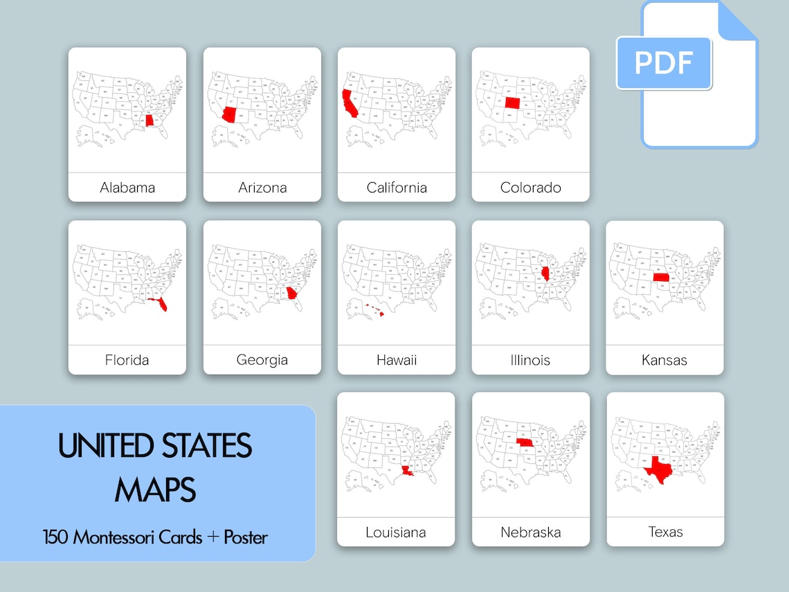 50 UNITED STATES Maps, 150 Montessori Cards & 4 Posters, Three Part ...