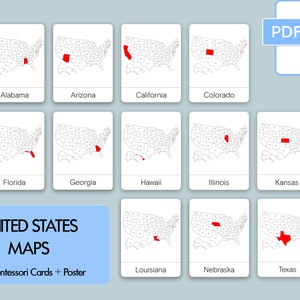 50 UNITED STATES Maps, 150 Montessori Cards & 4 Posters, Three Part ...