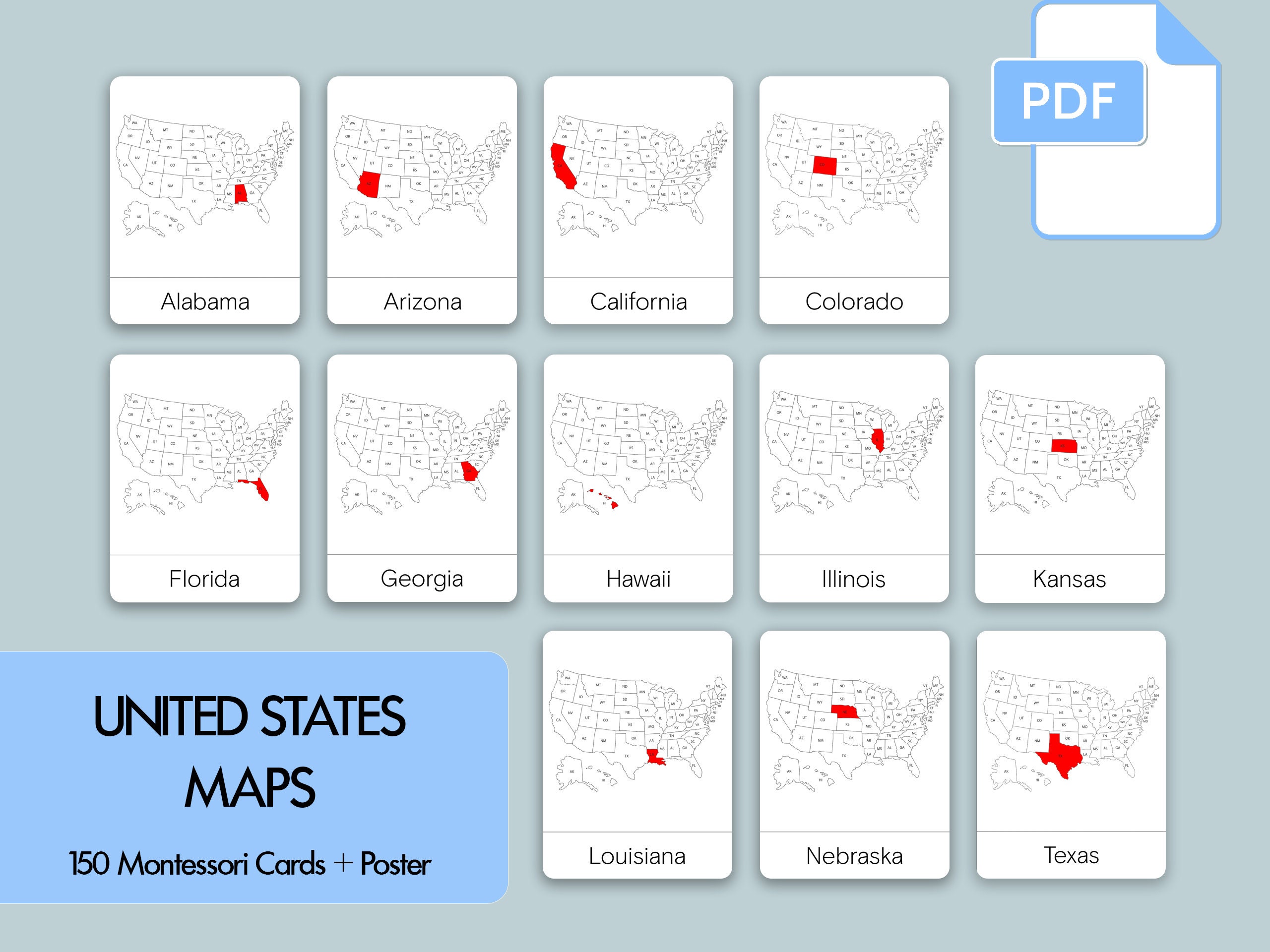 50 UNITED STATES Maps, 150 Montessori Cards & 4 Posters, Three Part ...