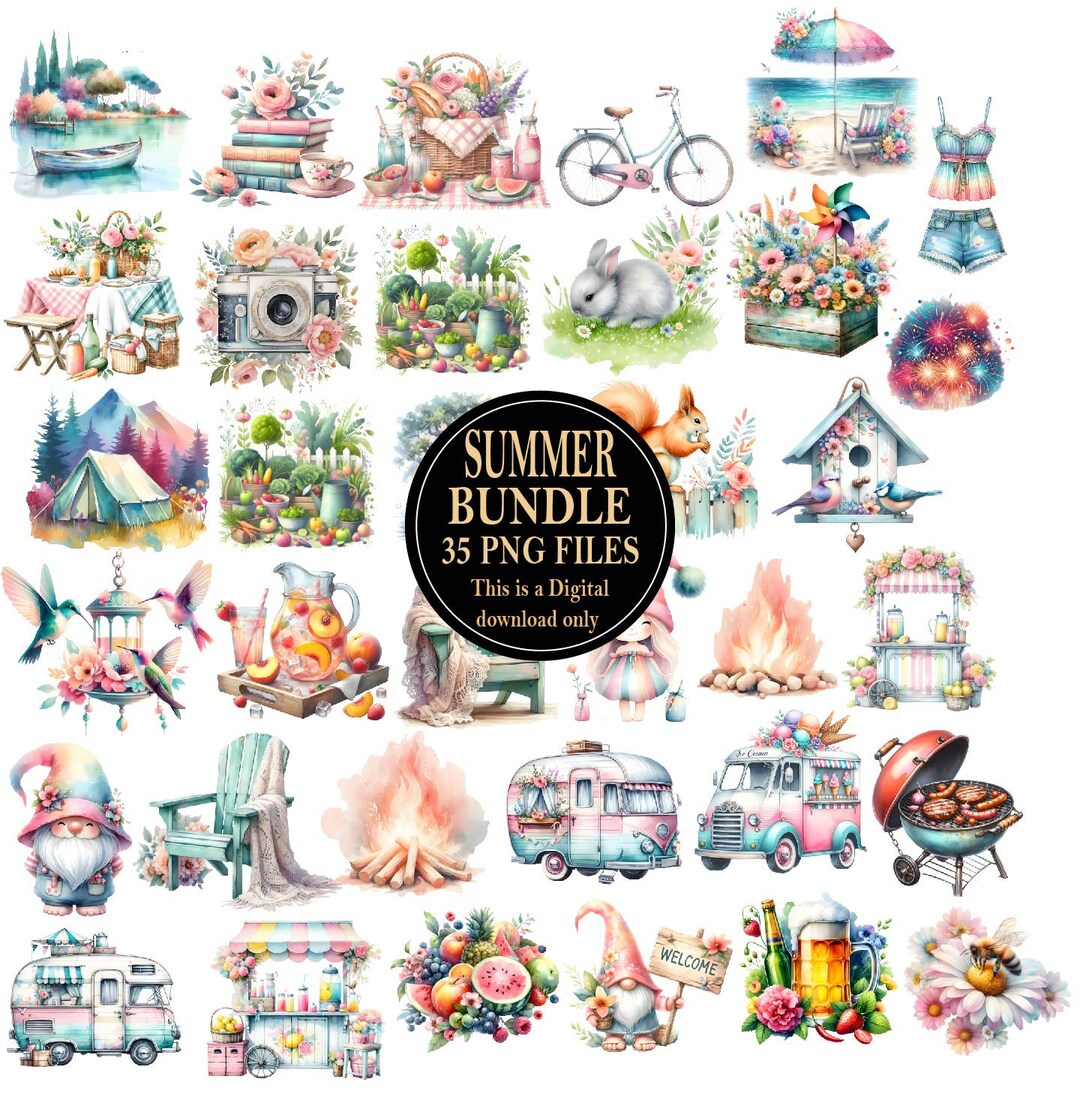 Summer Clip Art, Watercolor Summer Clip Art, Summer Bundle, Summer PNG ...