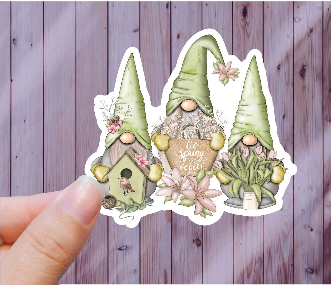 Spring Gnome Sticker, Garden Gnome, Bird Gnome, Gnome Vinyl Sticker ...
