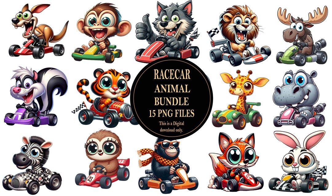 Race Car Animal Bundle, Race Car PNG, Race Car Bundle, Cute Animal ...