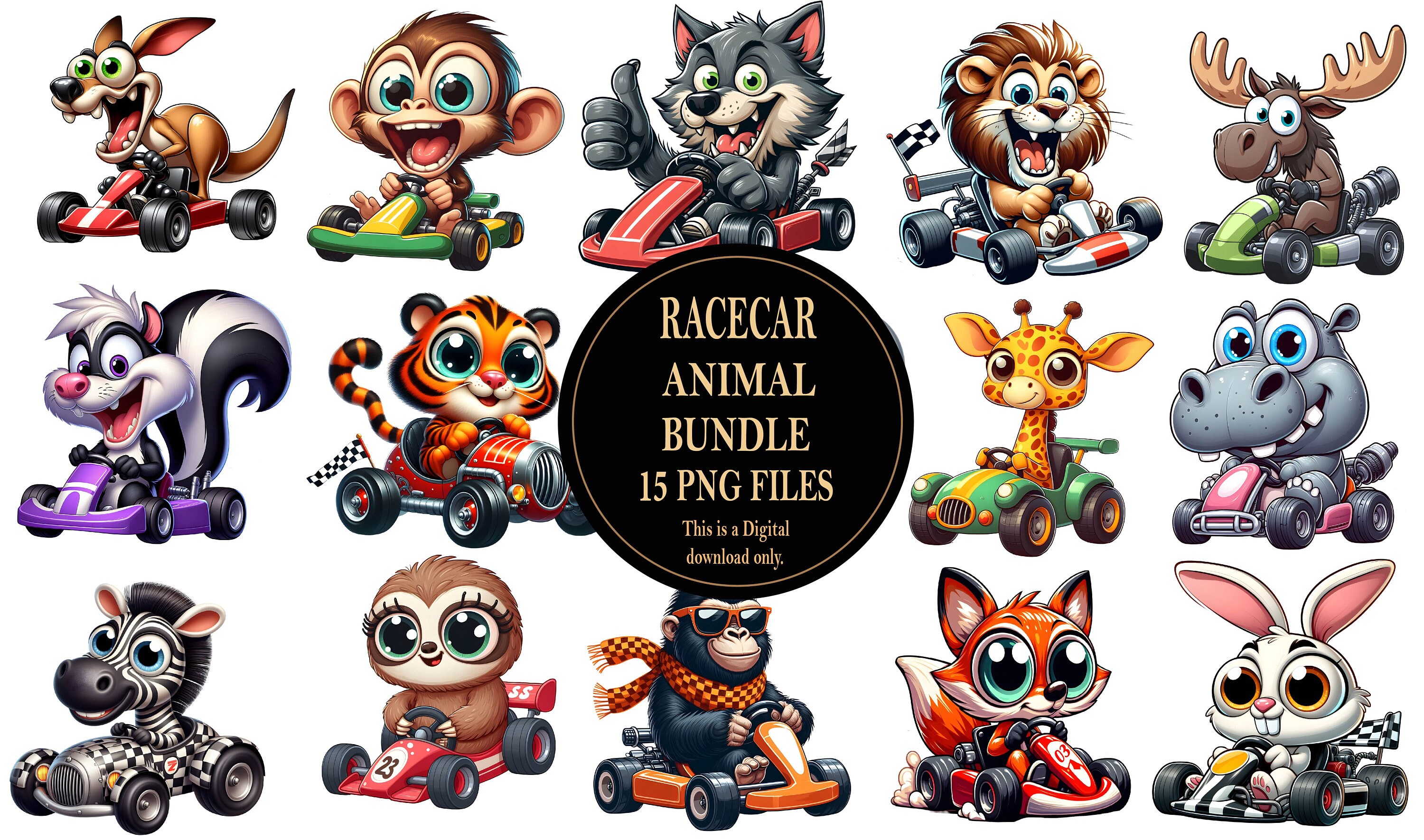 Race Car Animal Bundle, Race Car PNG, Race Car Bundle, Cute Animal ...