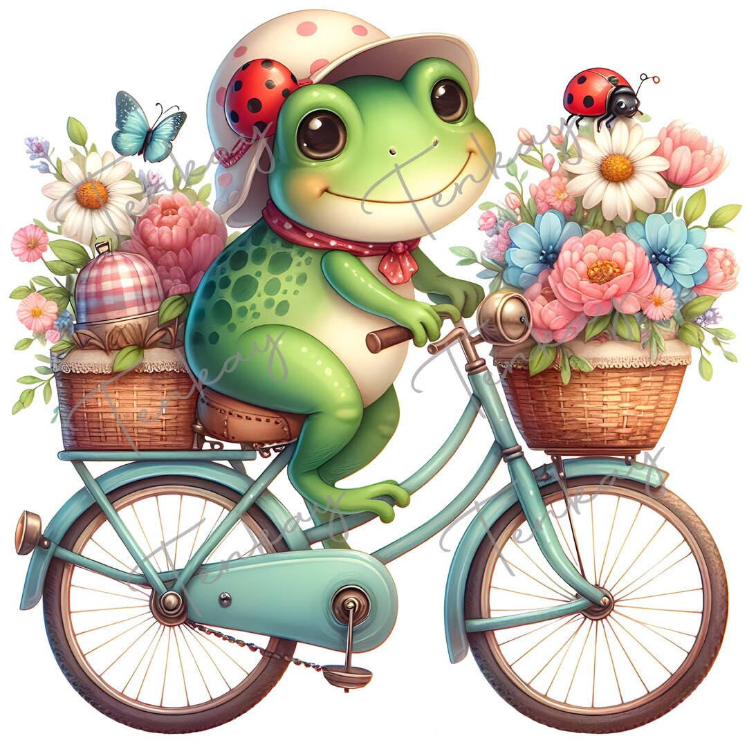 Spring Animal Clipart, Frog Clipart, Bike With Flowers, Frog ...