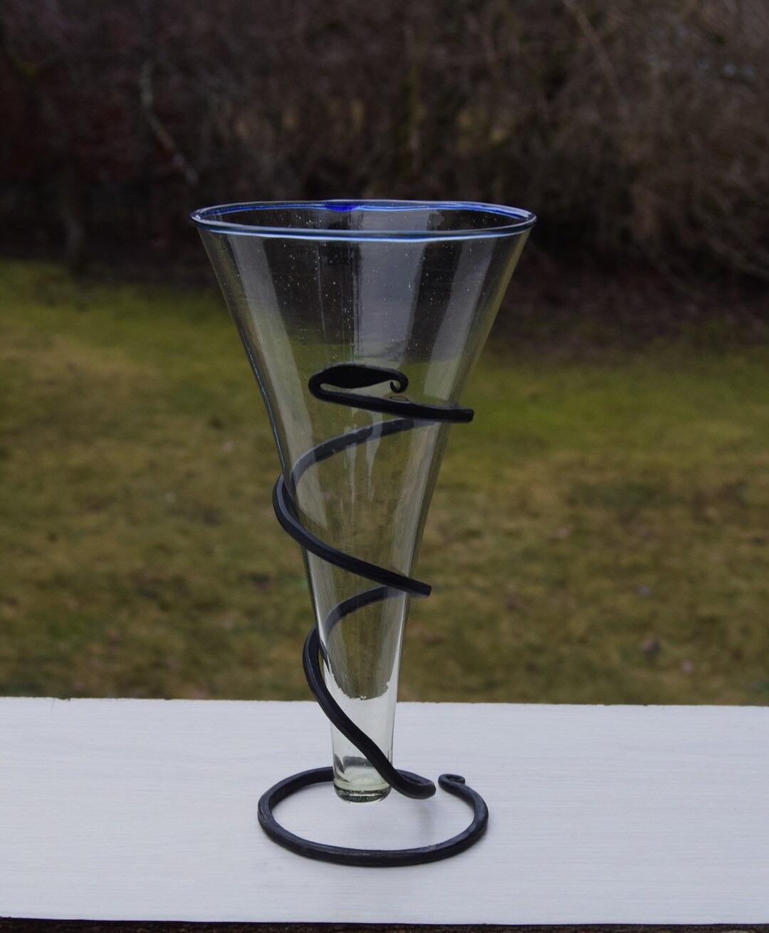 LARGE BIRKA VIKING Cone Beaker With Blue Rim in Iron Stand Historic ...