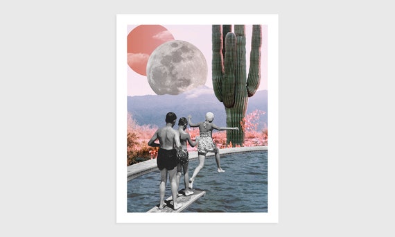 Art Print Vintage Collage of People Jumping in a Pool With - Etsy