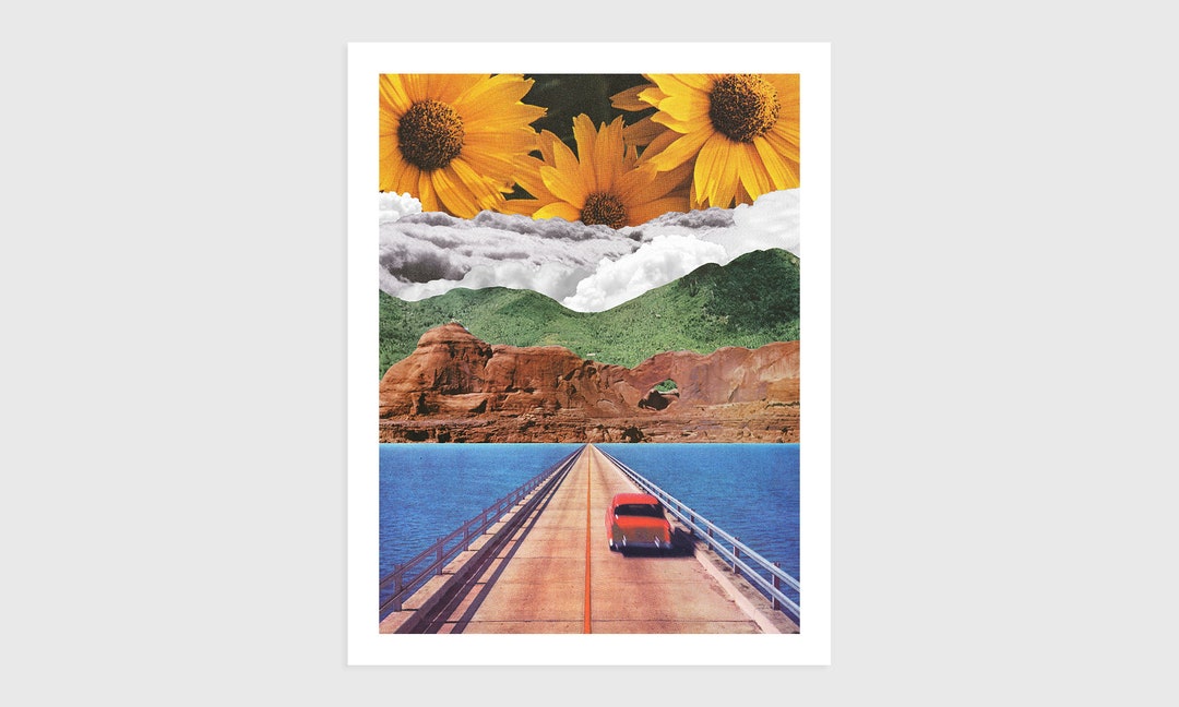 Art Print - Vintage Collage of a Road With Mountains and Flowers ...