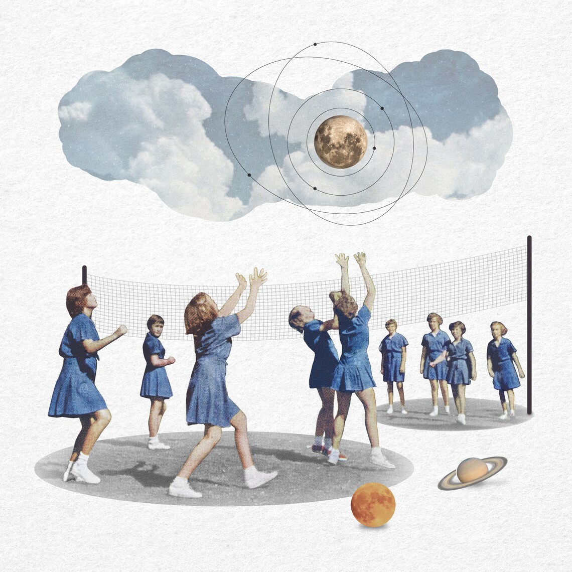 Art Print - Vintage Collage of Girls Playing Volleyball With Planets ...