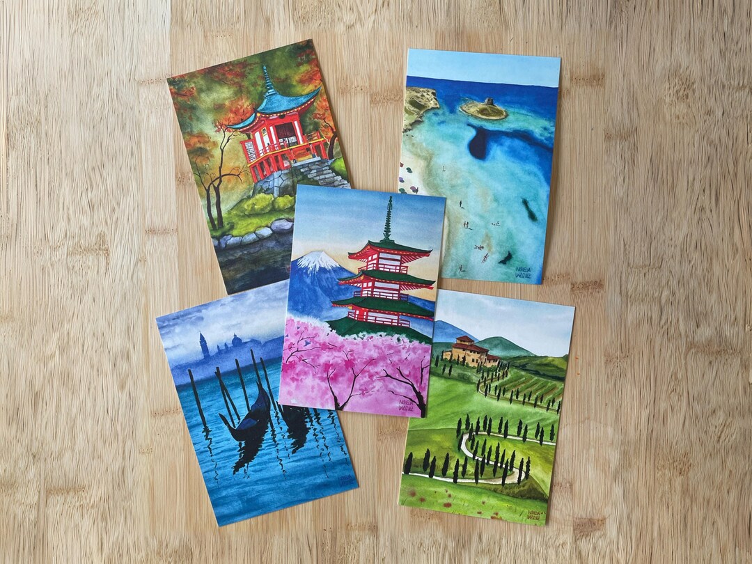 Set of 5 Watercolor Postcards: Kyoto, Fuji (japan), Venice, Sardinia ...