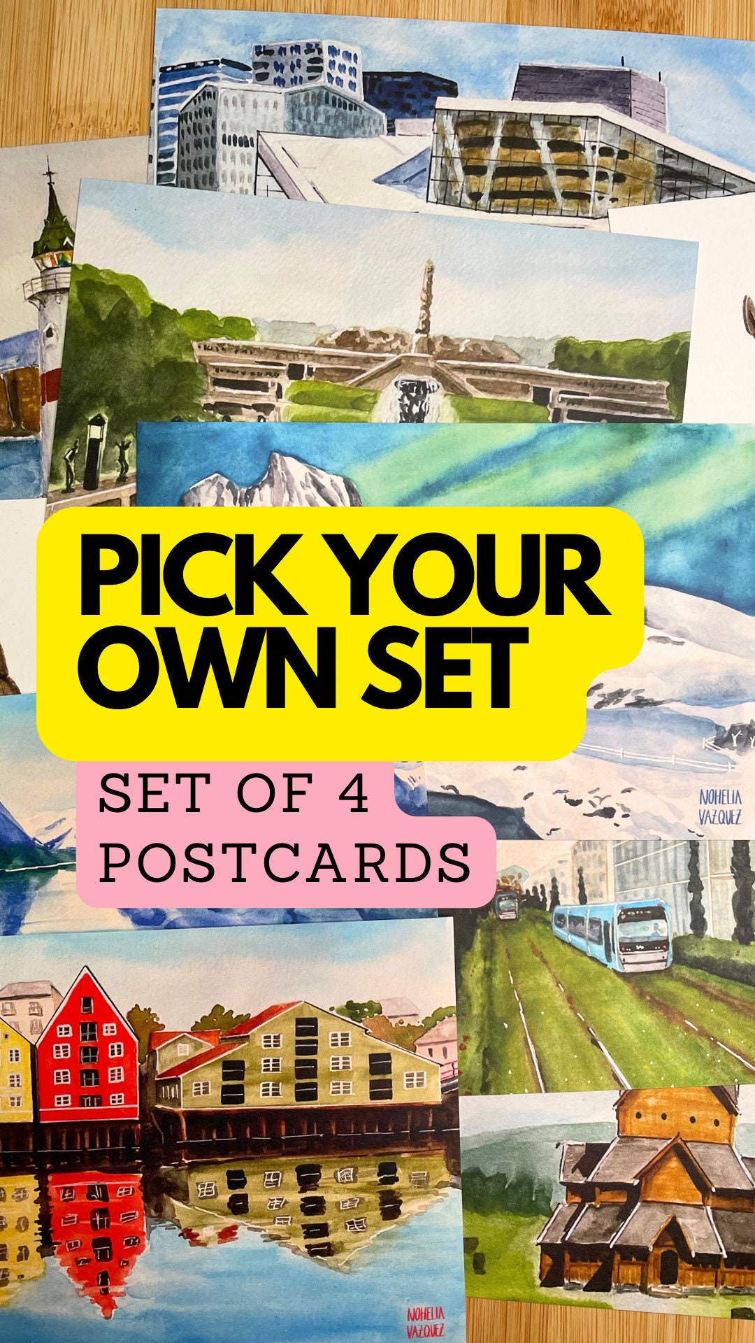 Build Your Own Set of 4 Art Postcards - Venezuela, New York, Norway ...