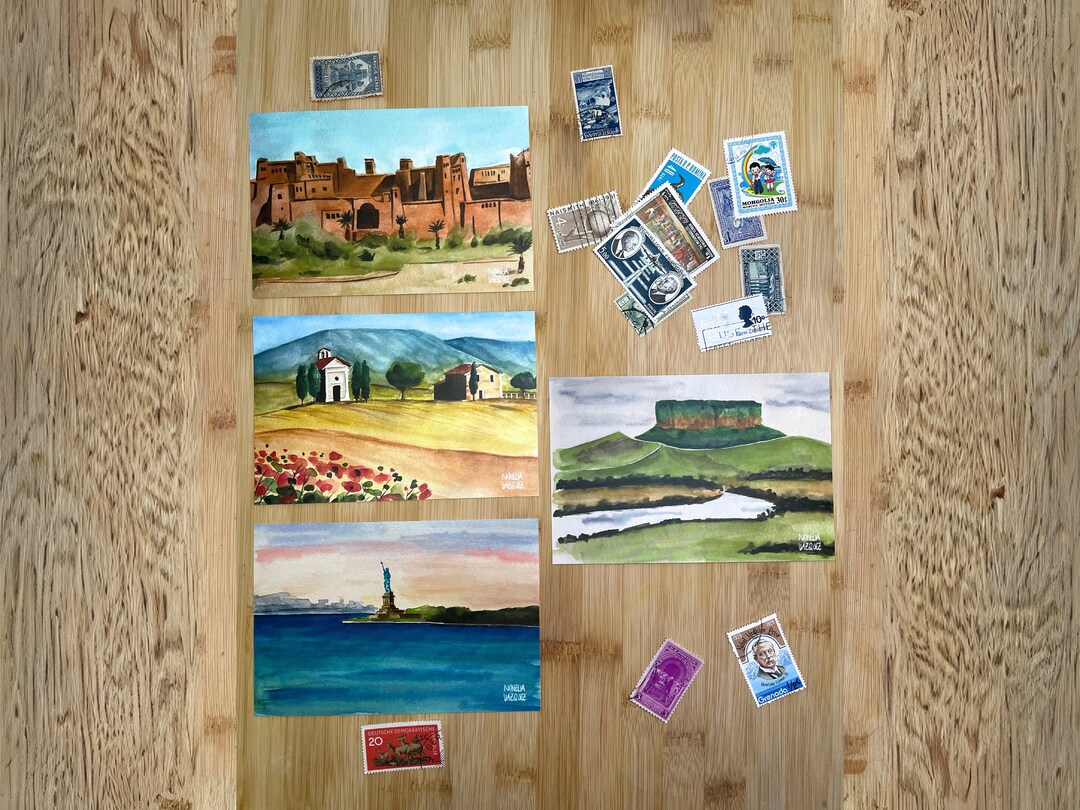 Set of 4 Postcards With Watercolors Venezuela, Morocco, New York ...