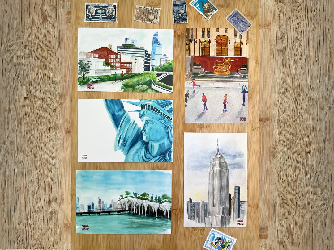 New York City Postcard Set of 5, Travel Watercolor Art Postcards, Set ...