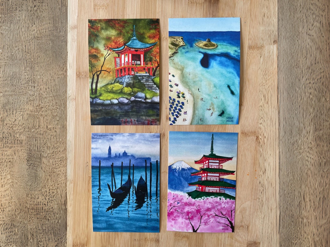Set of 4 Watercolor Postcards: Kyoto, Fuji (japan), Venice, Sardinia ...