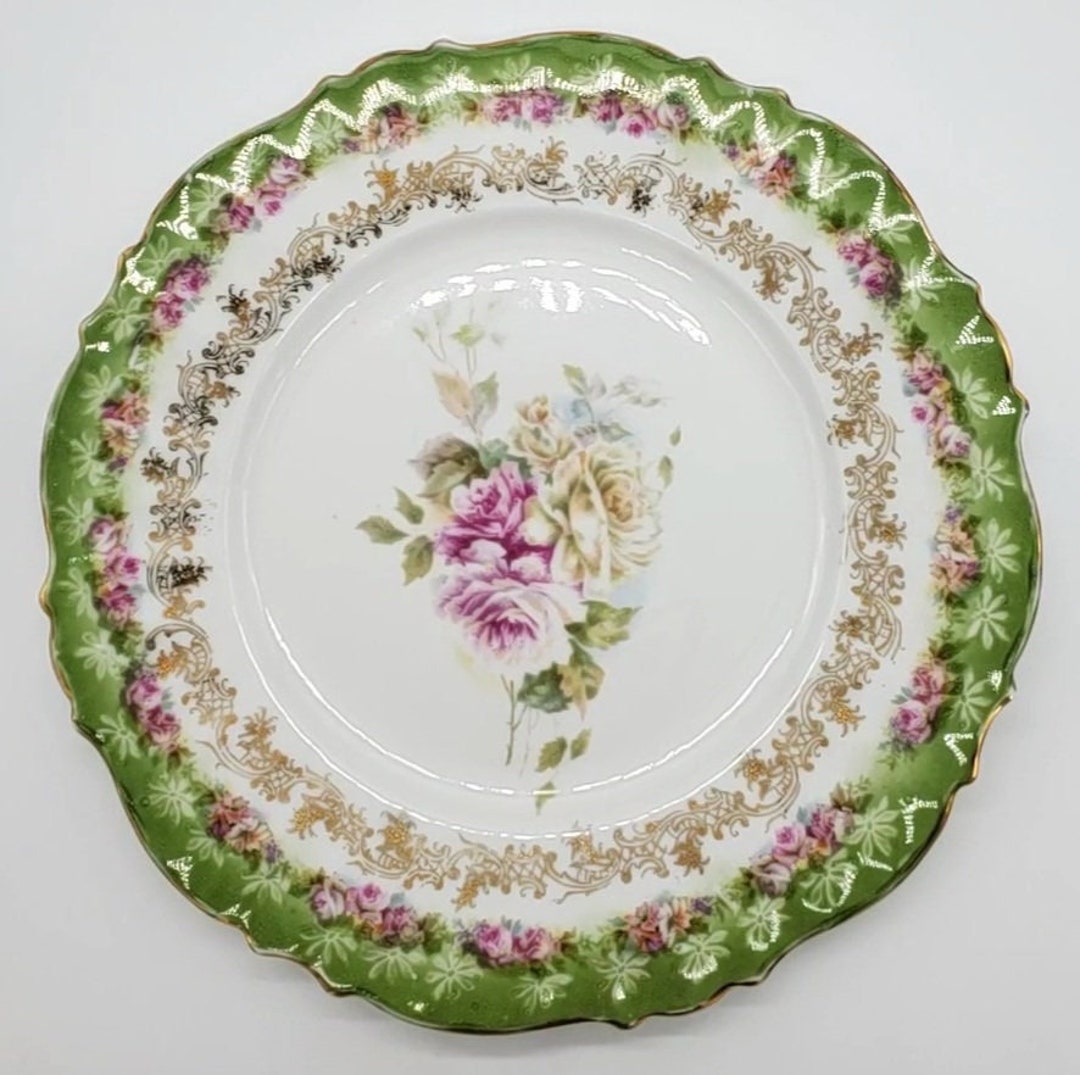 Antique RS Prussia Plate: 22K Gold Filigree, Roses, Green Border - Etsy