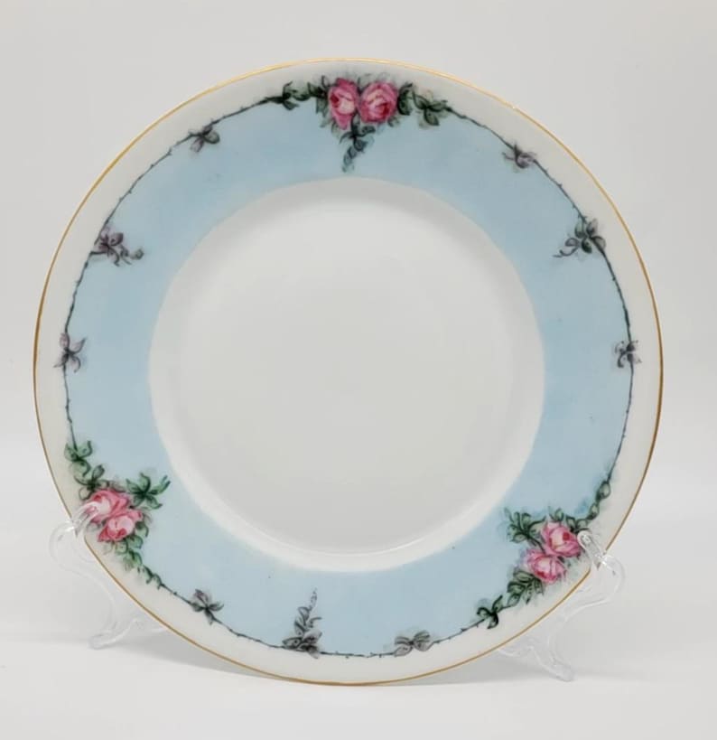Antique C.1922 Rosenthal Selb Bavaria Plate Blue Band Pink Roses Gold ...